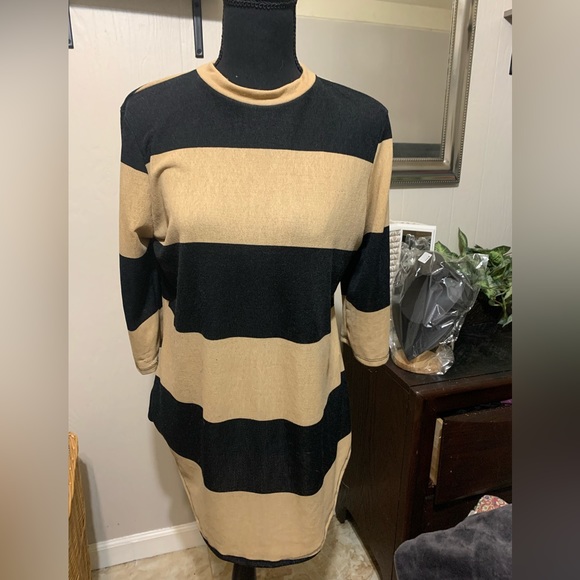Reborn J | Dresses | Reborn Womens Black Tan Stripe Knit Sweater Dress ...